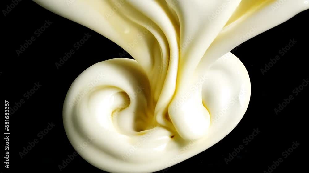 Mesmerizing footage of a thick, creamy liquid swirling on a black ...