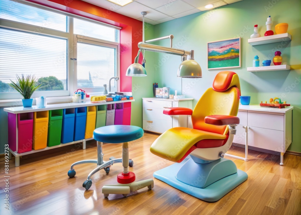 A colorful dentist's office setup with a kid-sized chair, dental mirror ...