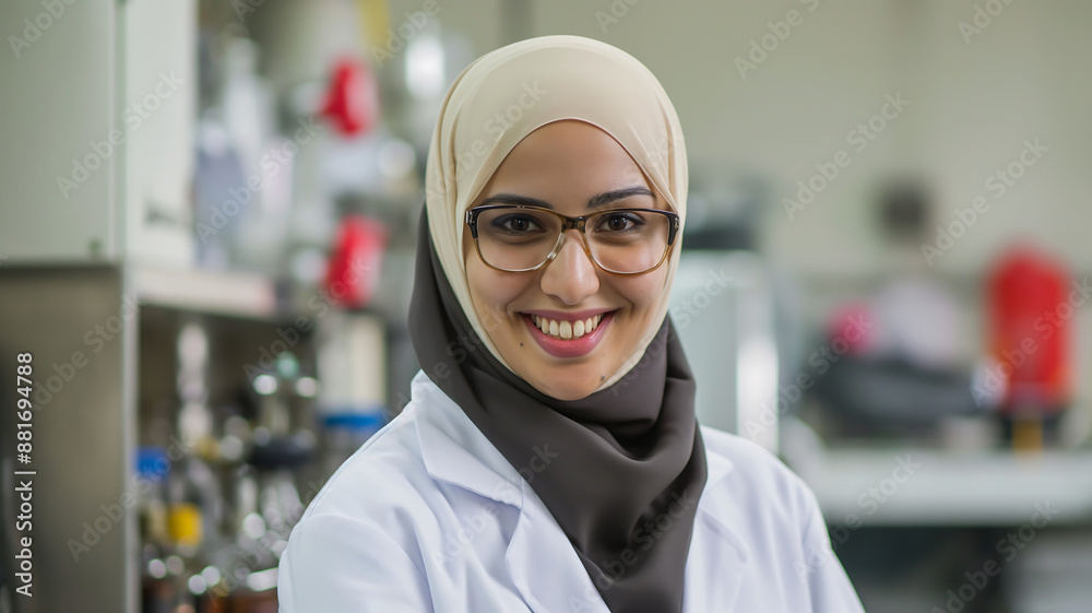 Smiling Muslim Woman Scientist in Hijab and Lab Coat Conducts Science Experiment Stock Photo ...