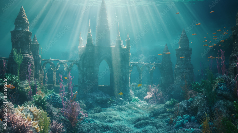 underwater scene with fishes, A magical castle podium, with encrusted ...