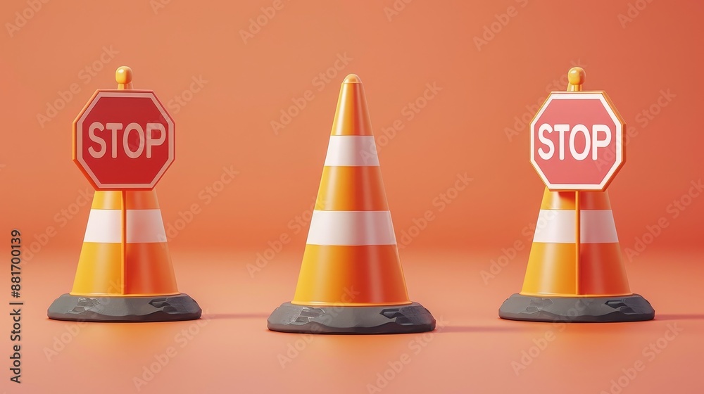 Traffic cones and under construction warning sign and STOP sign on ...