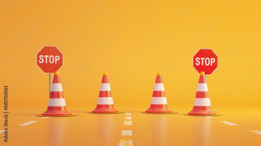 Traffic cones and under construction warning sign and STOP sign on ...