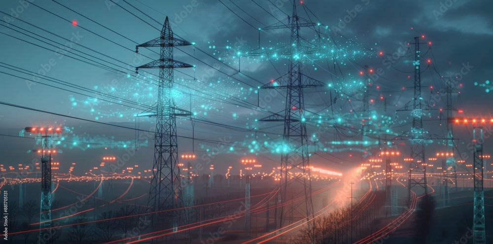 Electrical pylons equipped with smart grid technology, demonstrating ...