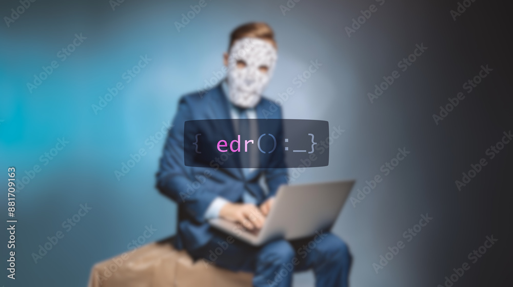 Cybersecurity concept edr on foreground screen, hacker silhouette hidden with low poly style ...