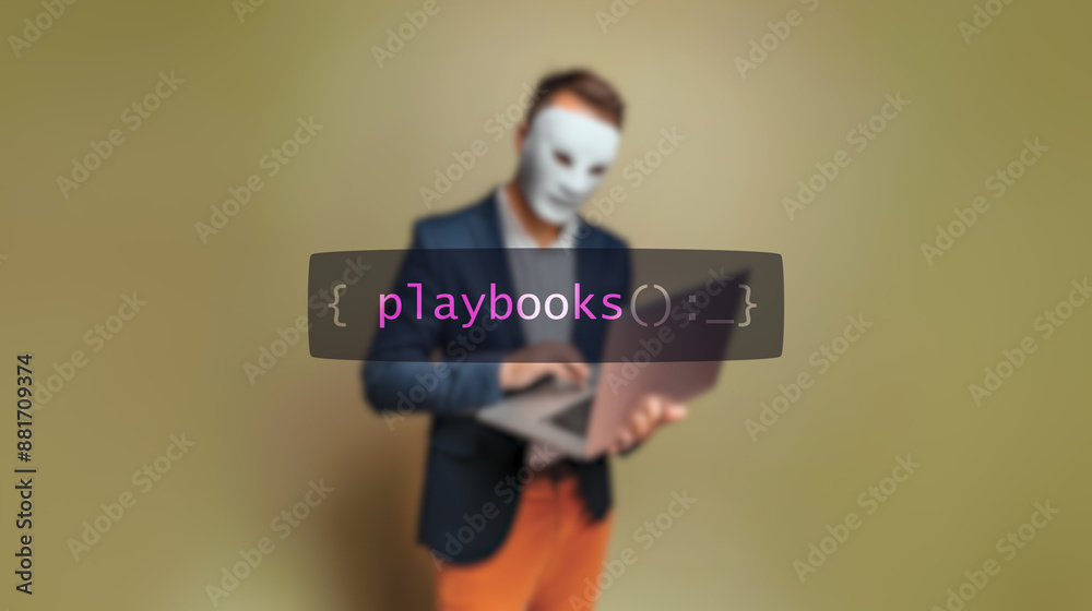 Cybersecurity concept playbooks on foreground screen, hacker silhouette ...