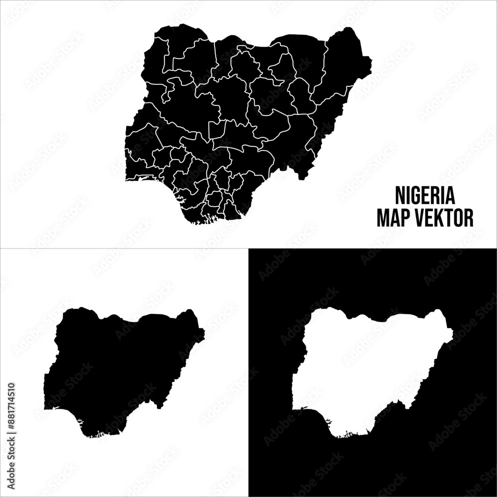 High detailed blank map of Nigeria country. Political map of the country Nigeria black-and-white ...