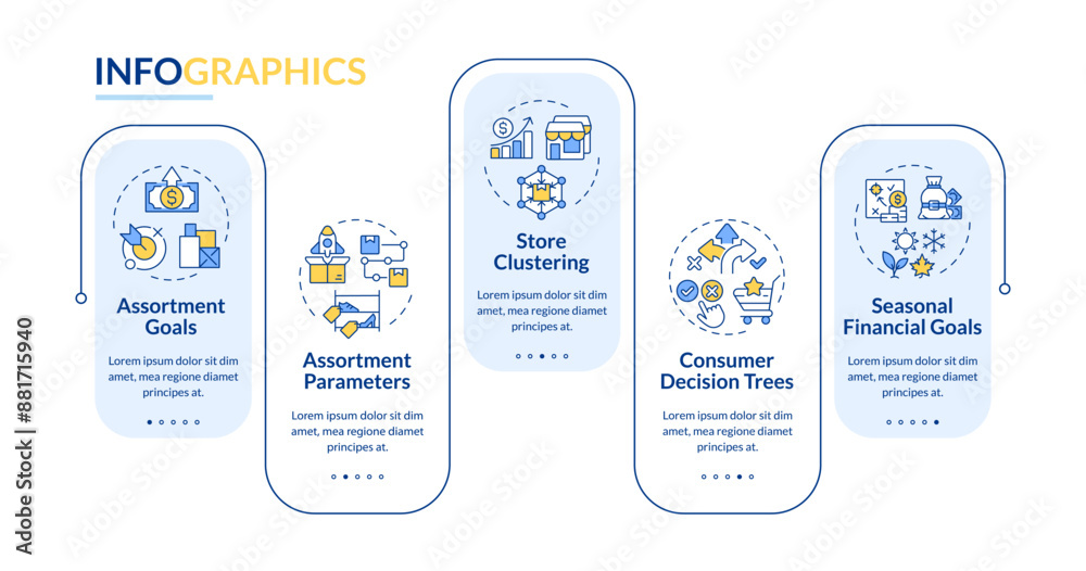Assortment planning tools blue rectangle infographic template. Data ...