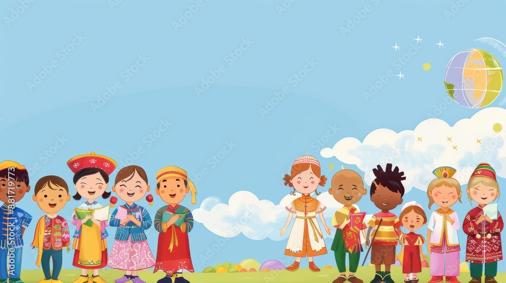 A multicultural banner with children in traditional outfits from around ...