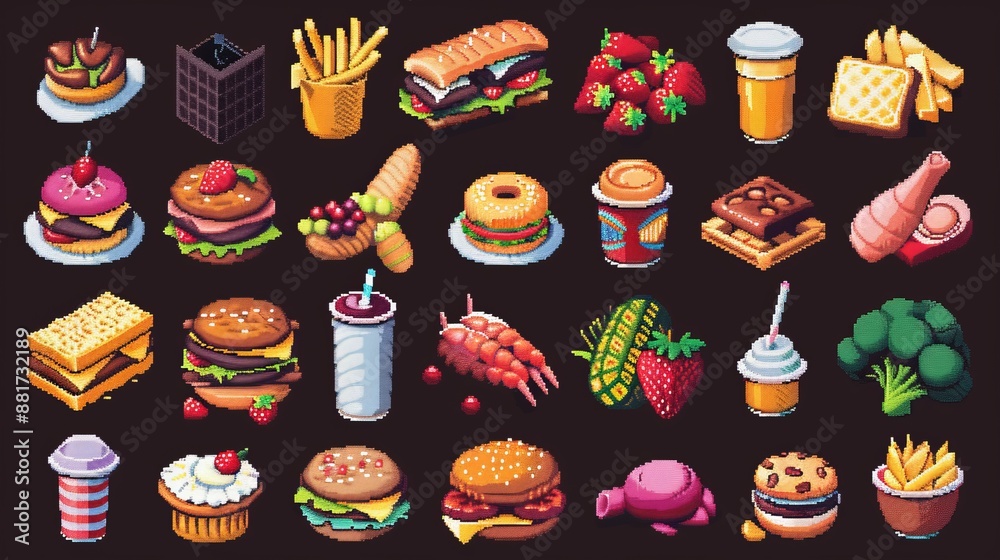 Food pixel art 80s style icons element design stickers, logo, menu ...