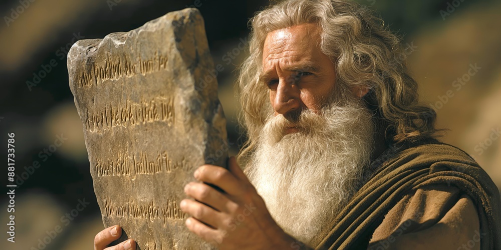 Moses with 10 commandments on stone tablets Stock Illustration | Adobe ...