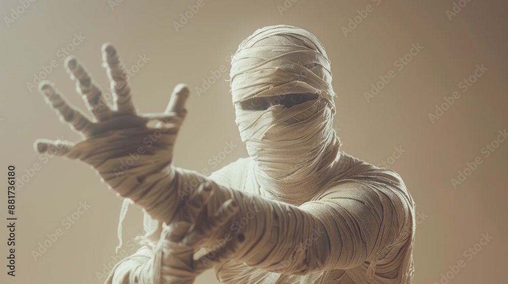 Close-up of a man dressed as a mummy, wrapped in bandages and reaching ...