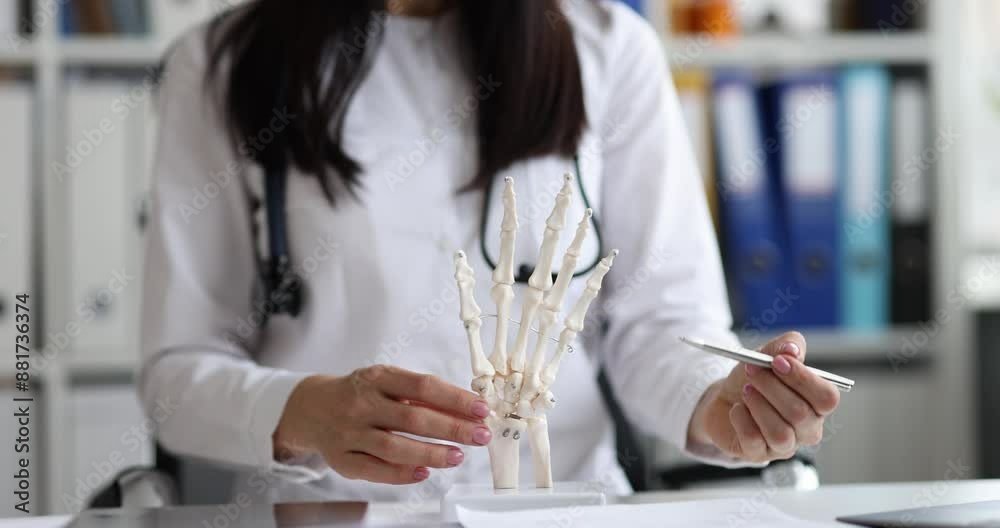 Doctor shows model of hand and bones of skeleton. Bone cysts and ...