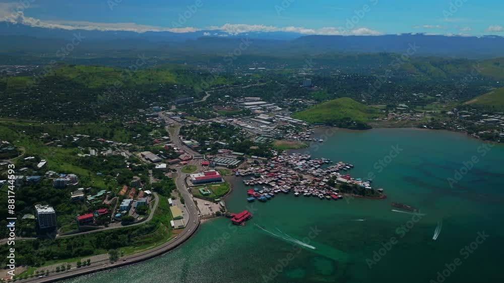 Walter Bay speed boat Port Moresby Papua New Guinea parallax aerial ...