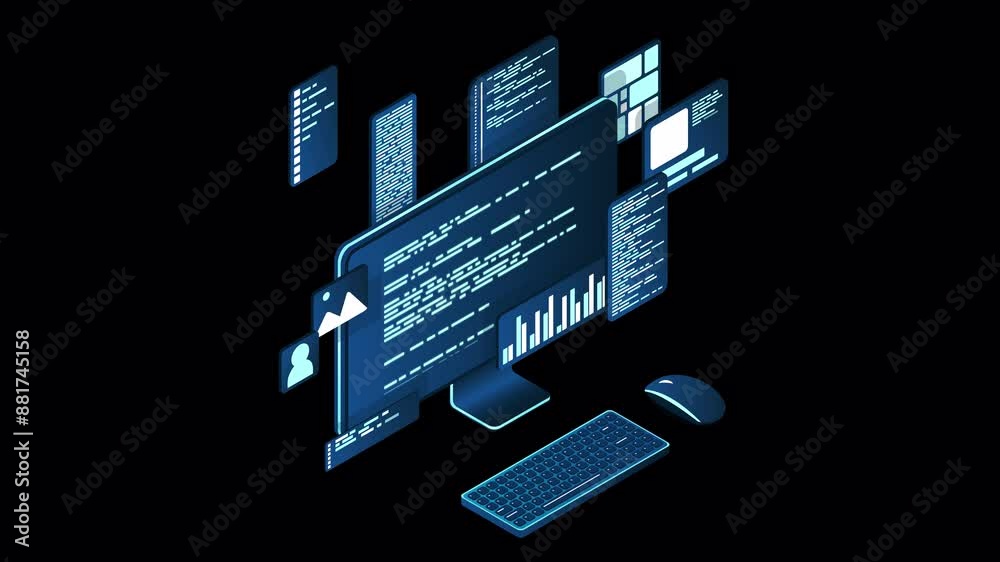 Isometric computer technology animation. Desktop computer platforms. Software programming coding ...