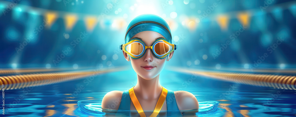 Professional swimmer in pool, wearing goggles and swim cap, surrounded ...