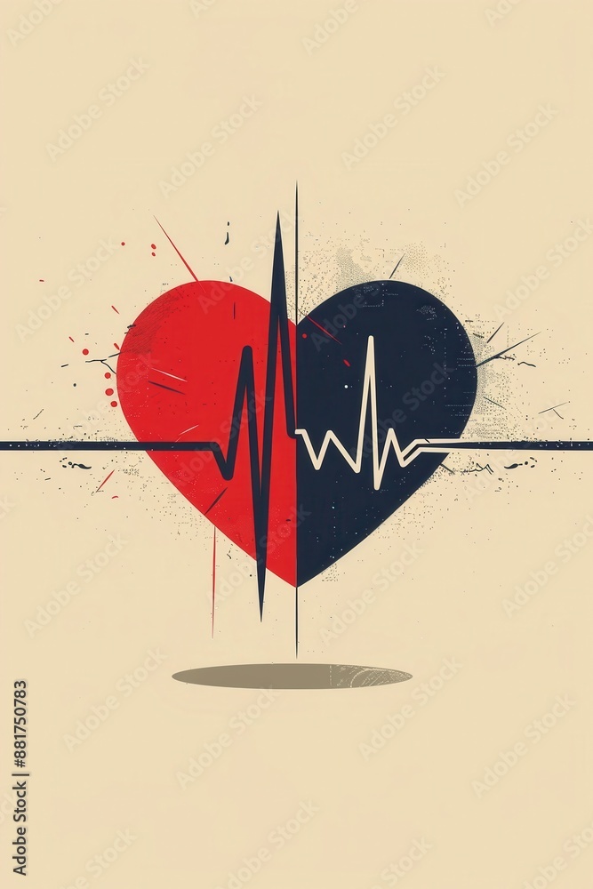 Abstract Heartbeat Illustration with Red and Black Heart and ECG Line ...