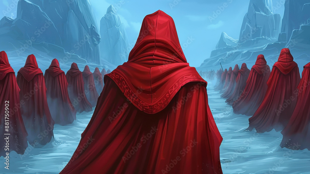 An enigmatic gathering of figures in red cloaks amidst mysterious surroundings, enveloped in ...