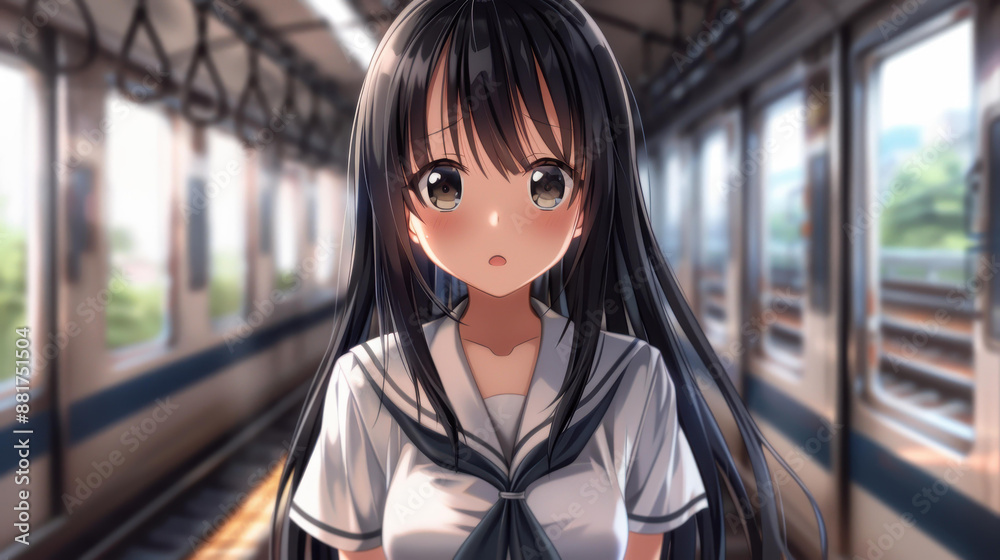 Stunning anime girl with black egirl hair twirls in cute skirt ...