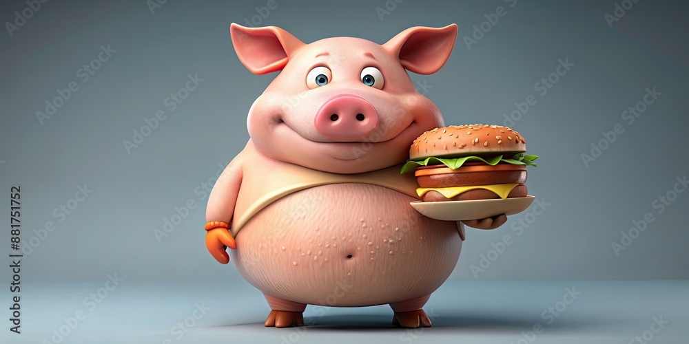 Funny cartoon pig character burger representing unhealthy eating habits ...