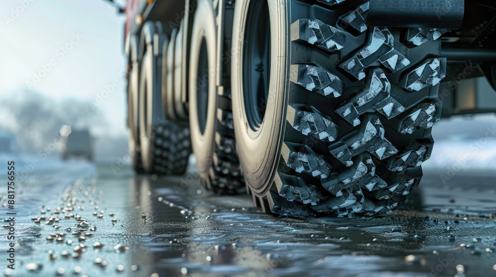 Close up side view of a large studded tire in automotive industry ...