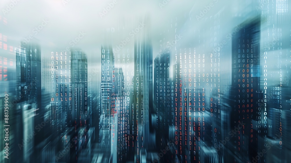 Abstract virtual binary code sketch on blurry cityscape background hacking and matrix concept ...