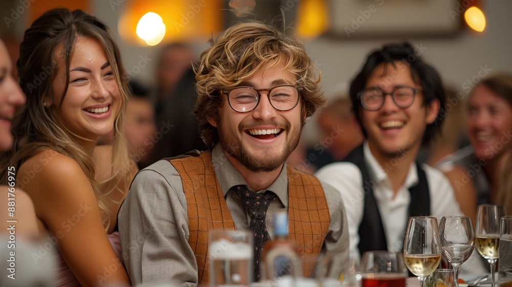 Office Party Moment: At an office party, one person laughs at a joke ...