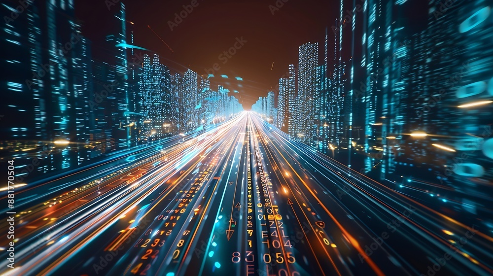 Digital Data Flow On Road With Motion Blur To Create Vision Of Fast Speed Transfer Concept Of