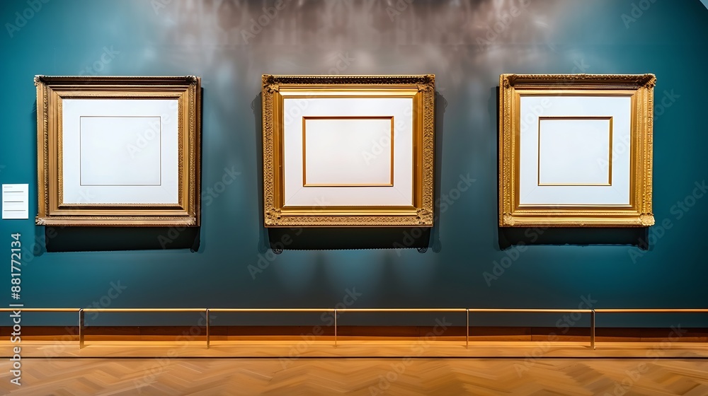 Antique golden art fair gallery frame on the wall at auction house or ...
