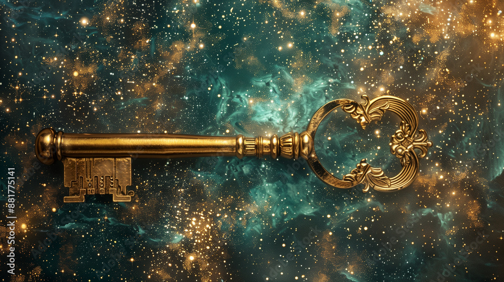 Golden Key on Cosmic Background. A stunning image of an ornate golden ...