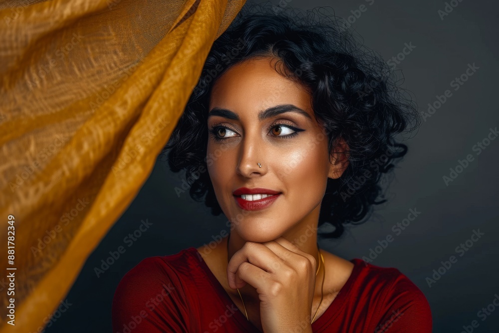 Studio portrait of Middle Eastern woman, showing gratitude and ...
