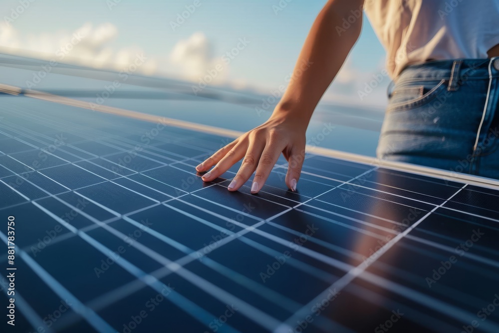 Woman hands touching solar energy panels at power station Young woman ...