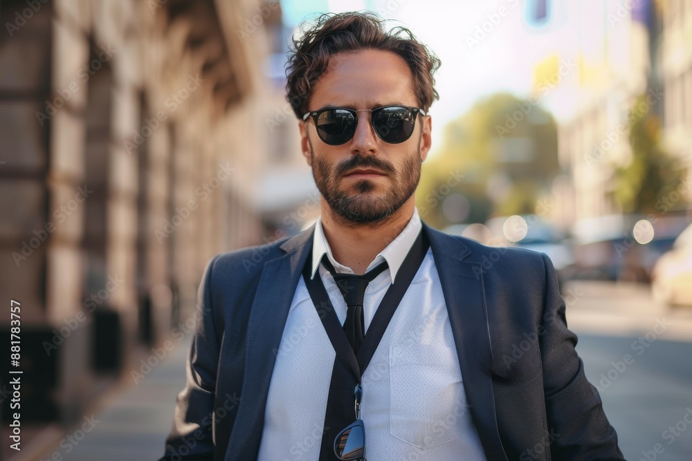 Handsome detective on the city street One man, handsome young detective ...