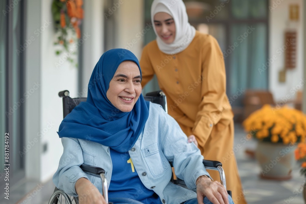 Muslim nurse taking care of a senior patient in a wheelchair Stock ...