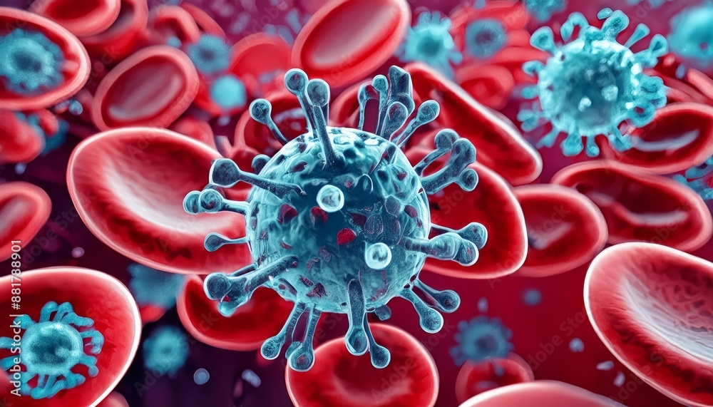 Microscopic enlargement of blue virus among red Blood cells in Artery ...