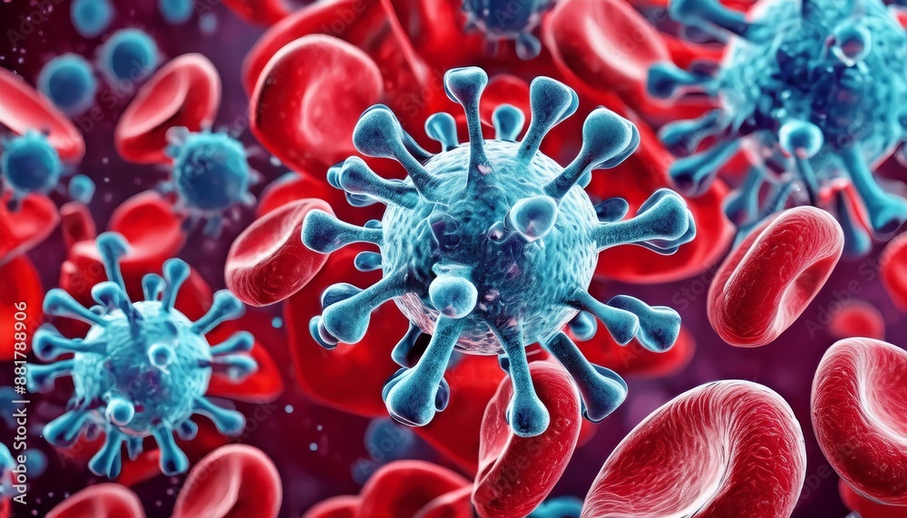 Microscopic enlargement of blue virus among red Blood cells in Artery ...