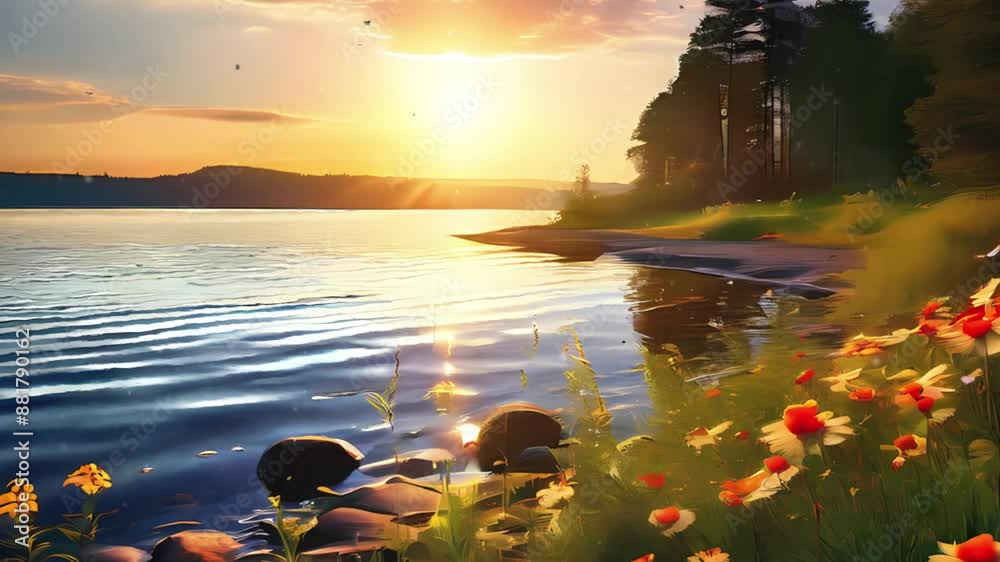 Time-lapse sunrise over beautiful lake. Water surface in fast motion ...