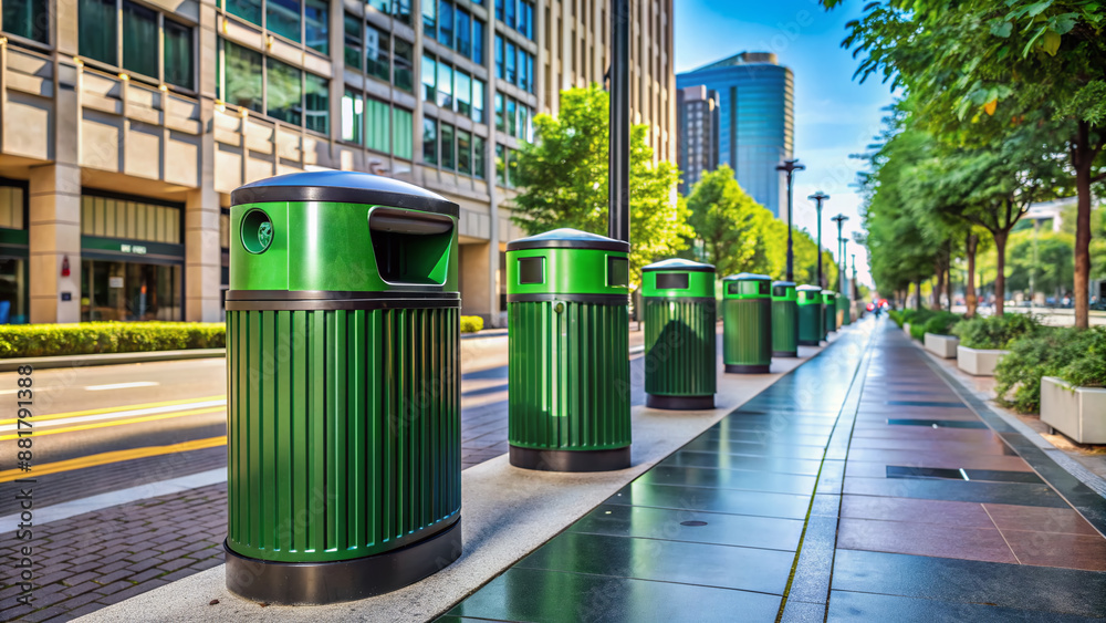 Modern urban street scene with green sensor-equipped trash receptacles ...