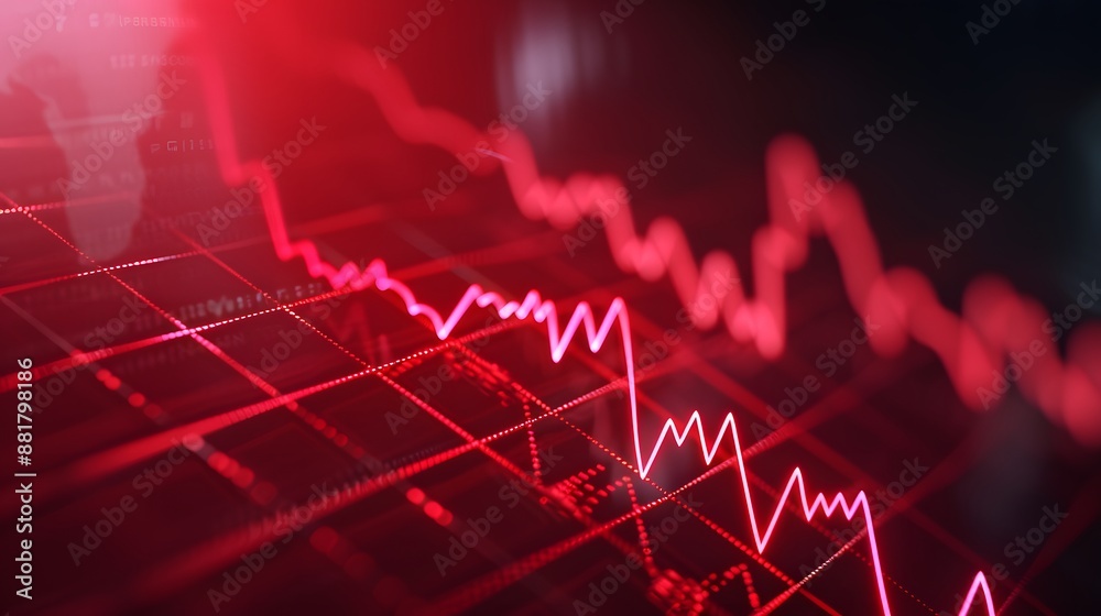 Stock market crash concept with a red graph showing a downward trend, financial loss and ...