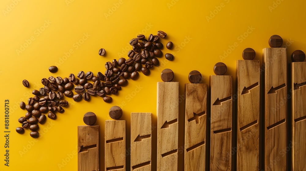 Coffee beans shaped into an upward arrow beside wooden blocks ...