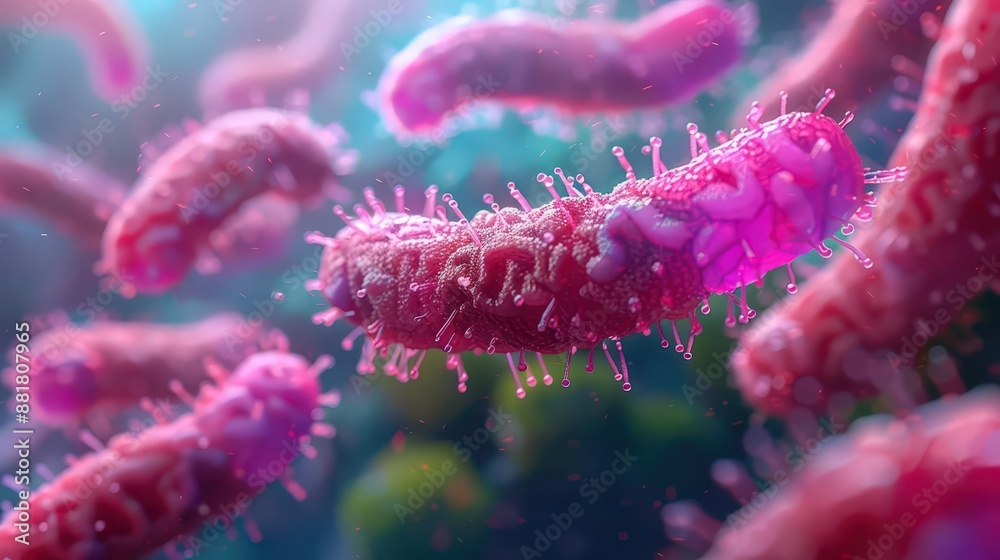 Microscopic view of vibrant bacteria in pink and purple hues with ...