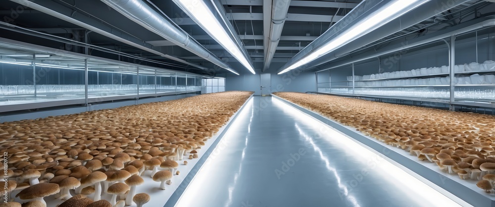 A modern indoor mushroom farm with rows of mushrooms growing under grow ...