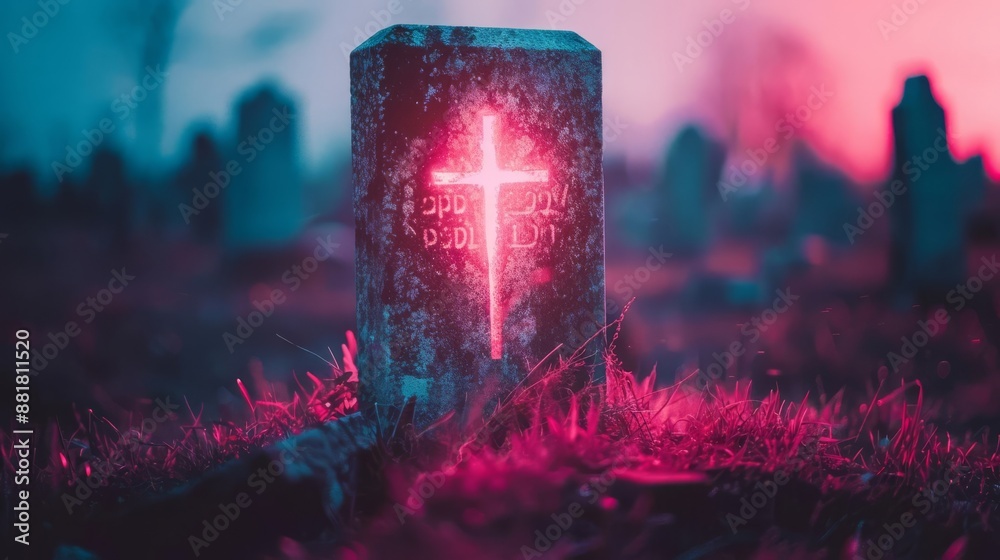 Eerie graveyard scene at twilight with glowing cross on tombstone ...