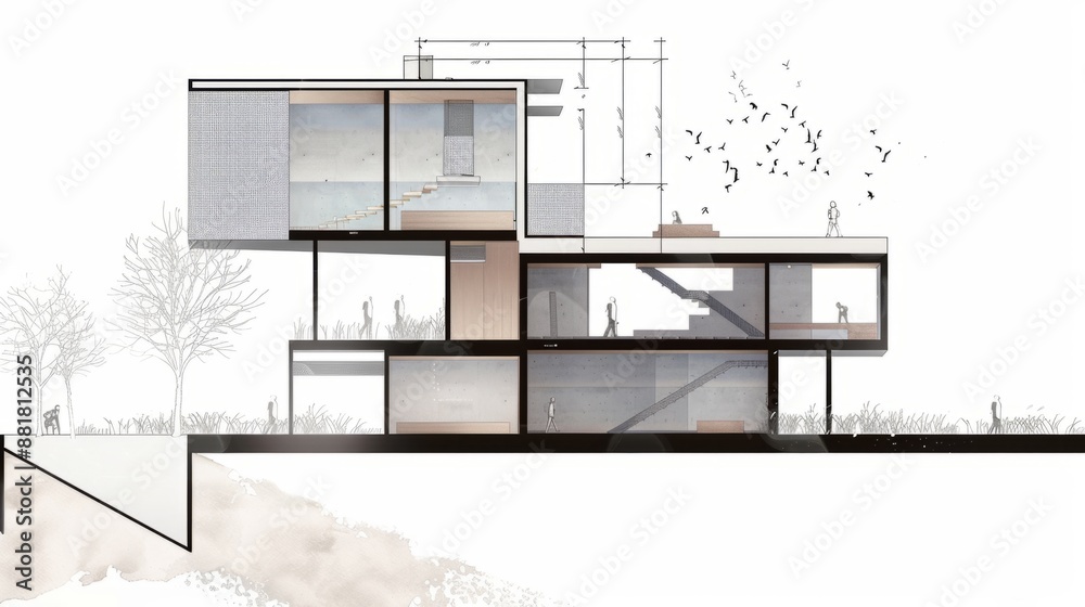 Modern architectural sectional drawing of a multi-level house with ...