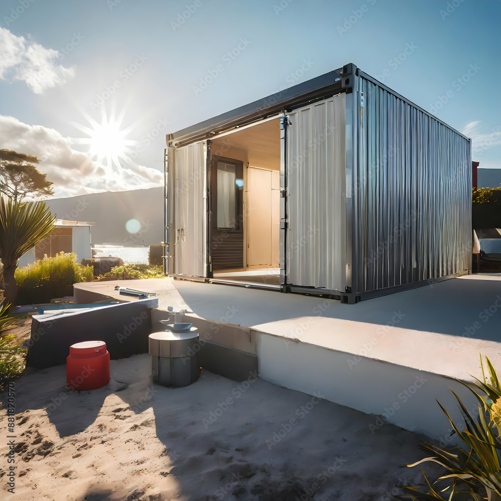 modern interior.A modern shipping container house bathed in sunlight on ...