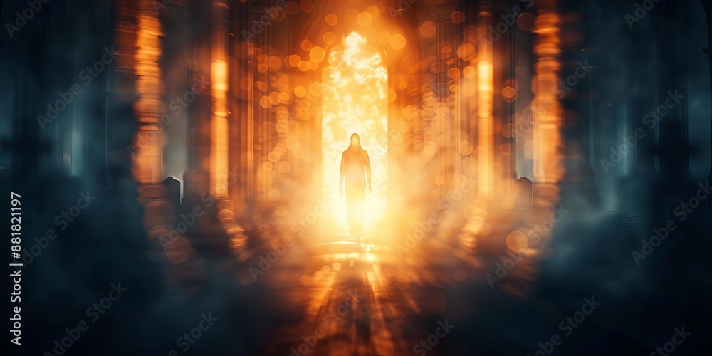 Mysterious shadowy figure stands in a glowing doorway surrounded by ...