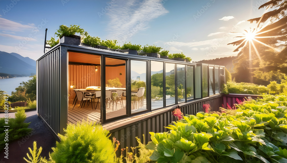shipping container home with large windows and a rooftop garden ...