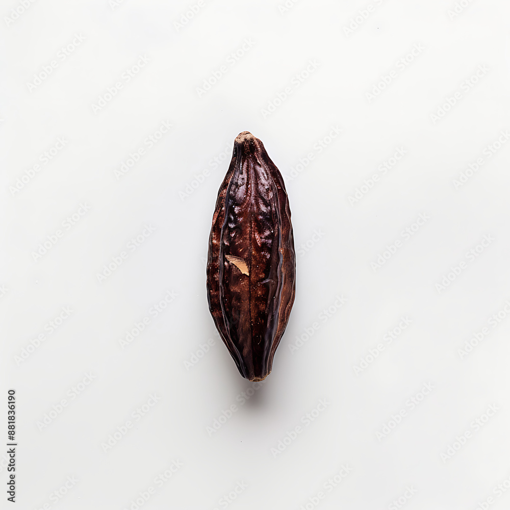 A single cacao bean on a white background, shown from above with ...