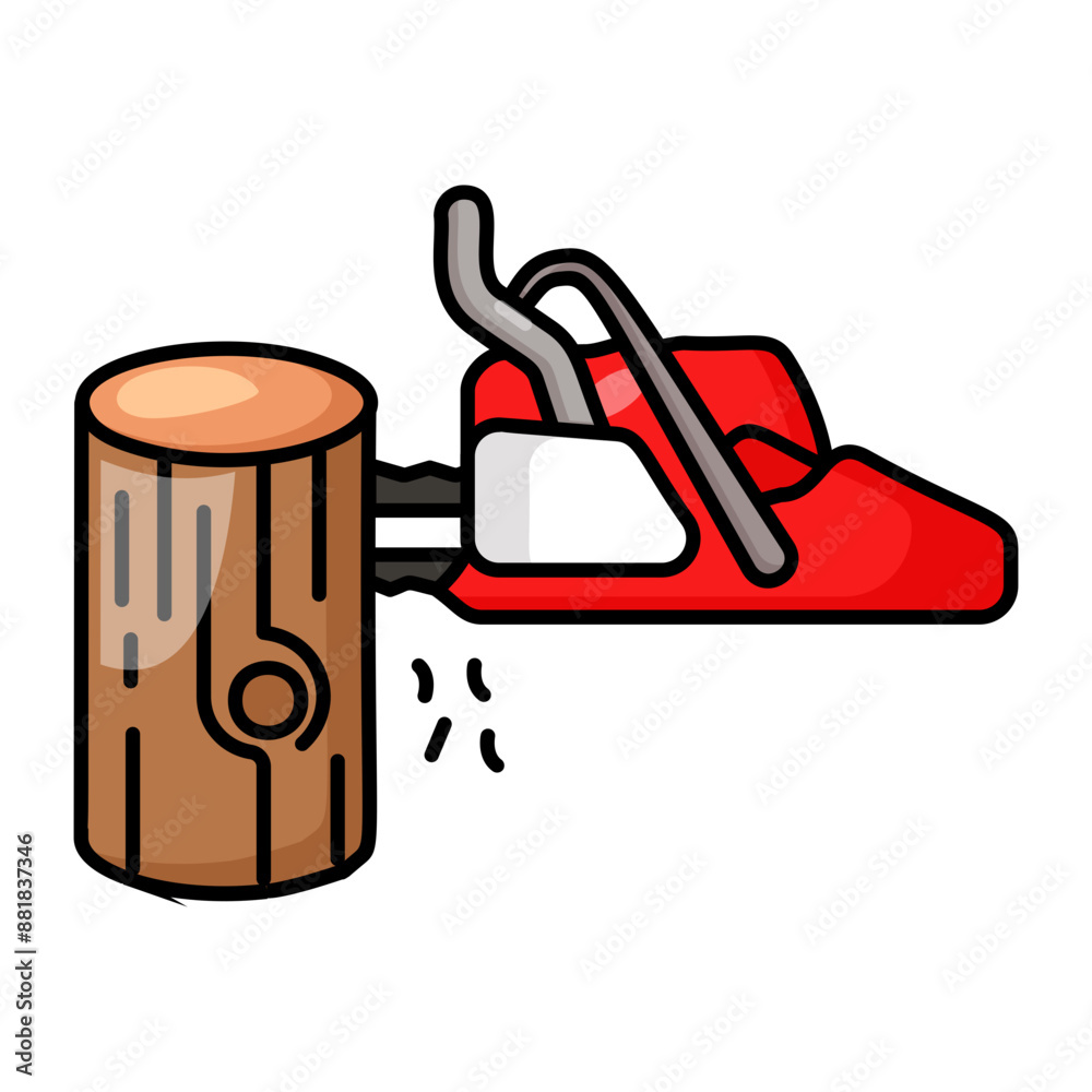 Power chainsaw cutting wood plank of felled tree trunk concept ...