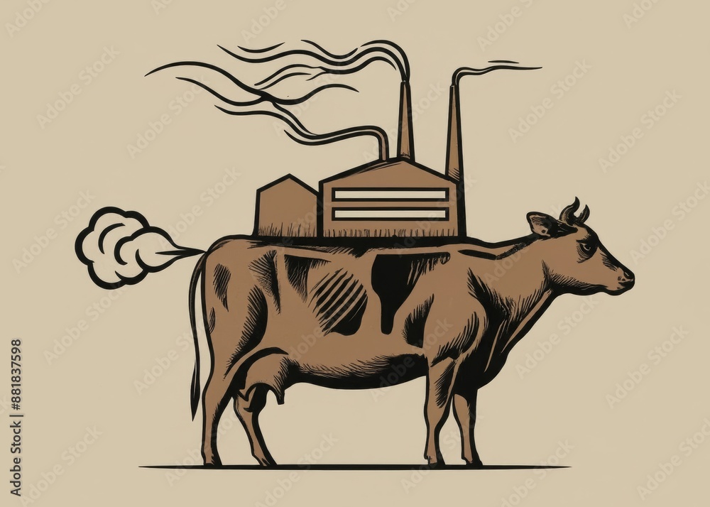 Cow with factory on the back as metaphor of cow fart. Animal is ...