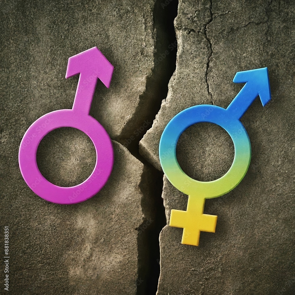 Crack between gender symbols as metaphor of conflict, clash and fight ...